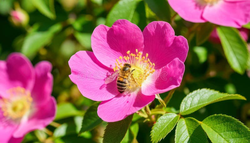 Bees Pollinate Pink Rose Hips in a Lush Summer Garden Stock Photo ...