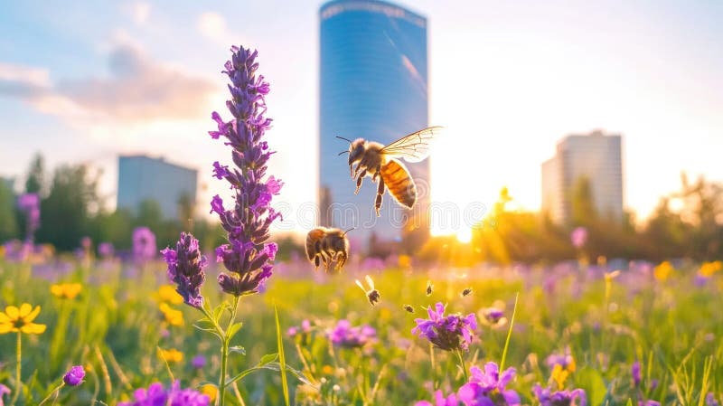 Bees Pollinating Lavender in Urban Sunset Landscape Stock Photo - Image ...