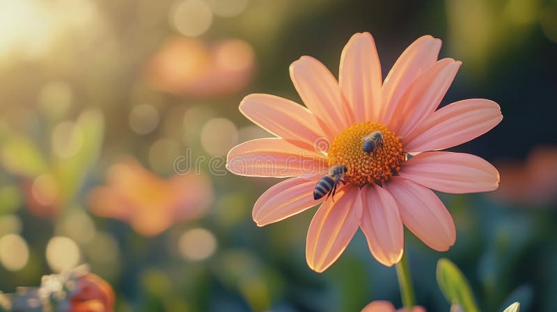 Bees Pollinating Pink Daisy Flower in Soft Focus Garden Background Stock Photo - Image of beauty ...