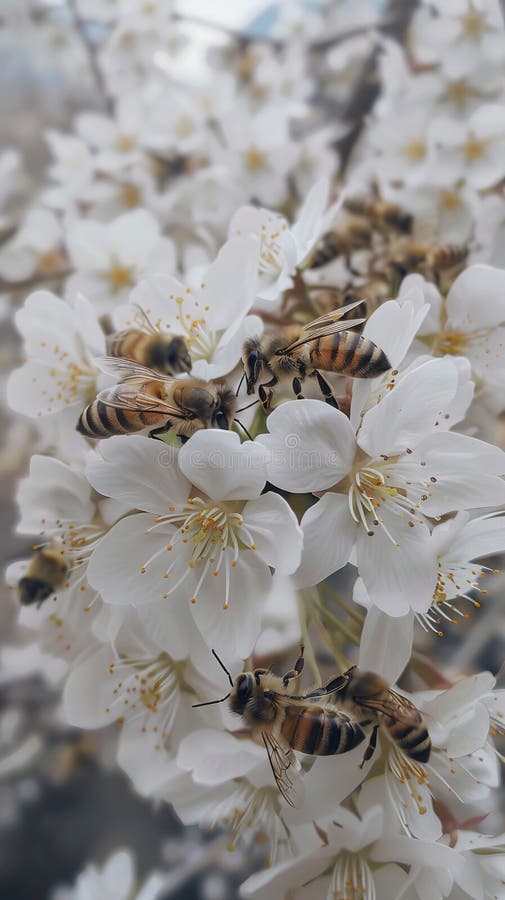 Bees Pollinating White Cherry Blossoms, Close-up. Nature and Spring ...