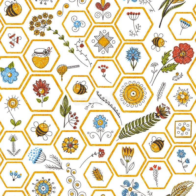 Bees Seamless Pattern. Cute Repeat Background, Vector Illustration ...