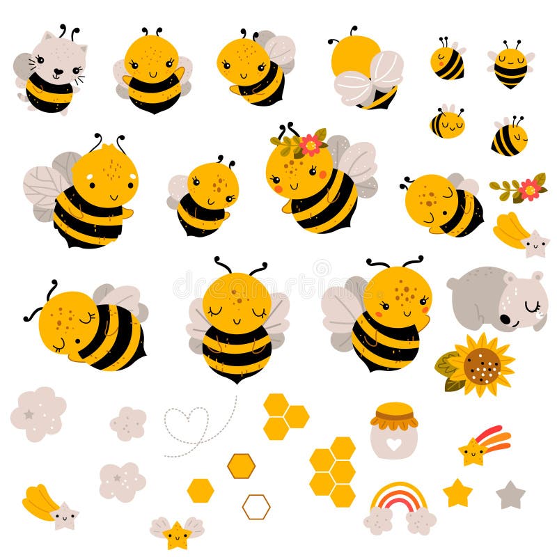 Bees Set Honey Clipart Hand Drawn Bee Honey Elements Stock Illustration ...