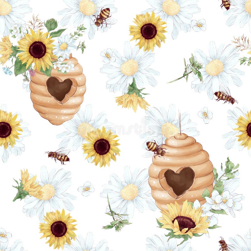 Bees and Sunflowers Seamless Pattern. Watercolor Illustration Stock ...