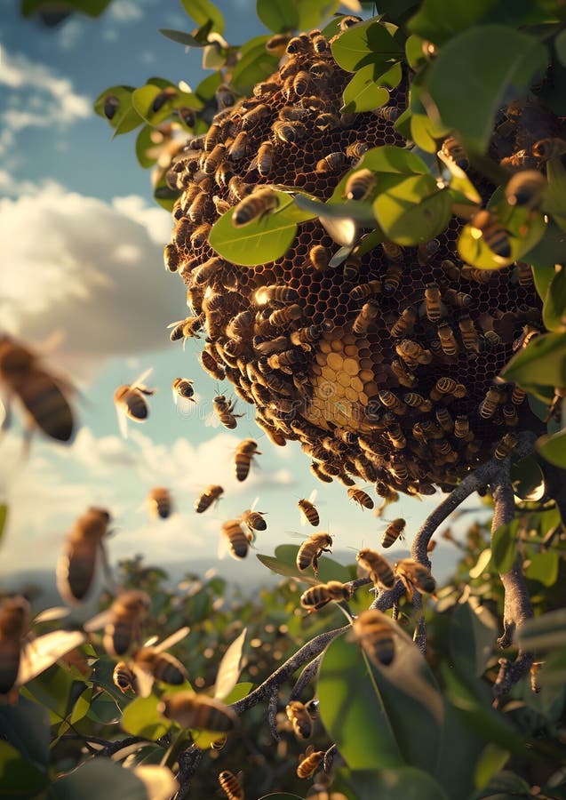 Bees Swarming Around Natural Hive in a Tree S Branches Stock Photo ... Bees Swarming Around Natural Hive in a Tree S Branches Stock Photo ...