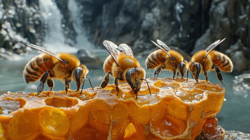 Bees at Work on the Honeycomb Front. Stock Image - Image of detail ...