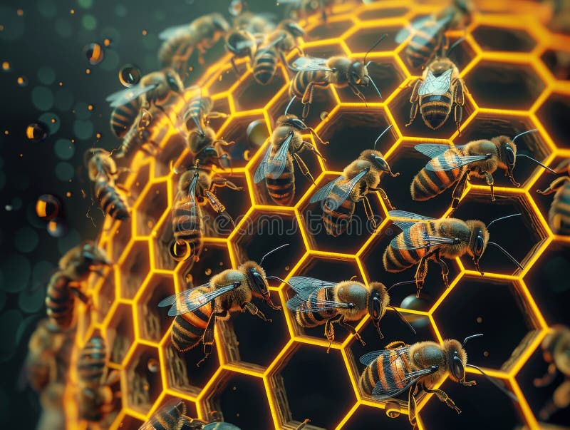 Bees Working on Artificial Hexagonal Beehive. Futuristic Bee Keeping ...