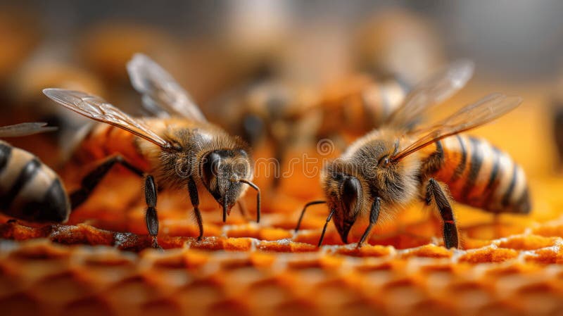 Bees Working Diligently on Honeycomb in a Vibrant Hive during a Sunny Afternoon in Spring ...