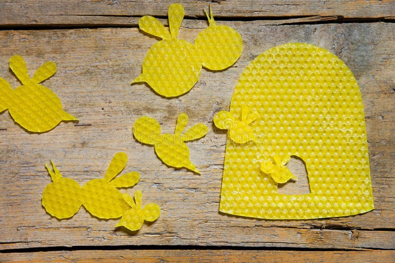 Beeswax, Bees and a Beehive on Wooden Table Stock Photo - Image of ...