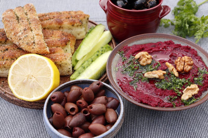 Beet Hummus with Olives and Bread Stock Image - Image of lemon, eastern ...