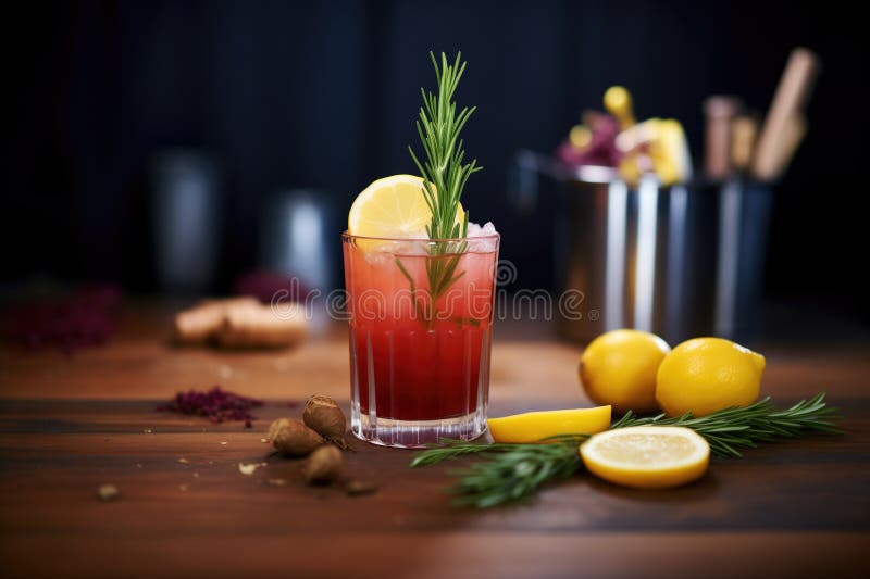 Beet Kvass Cocktail with Lemon Garnish, on a Bar Counter with Dim ...