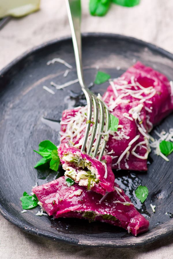 Beet Ravioli with Goat Cheese Stock Photo - Image of fancy, stuffed ...