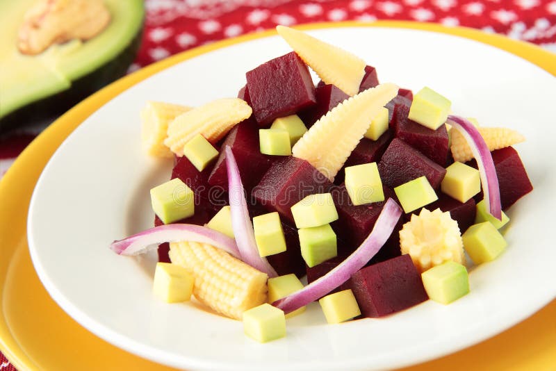 Beet Salad with Avocado and Pickled Maize Stock Photo - Image of yellow ...