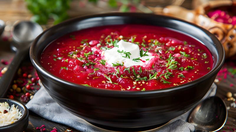 Beet Soup Beetroot Soup Garnished with Sour Cream Stock Illustration ...