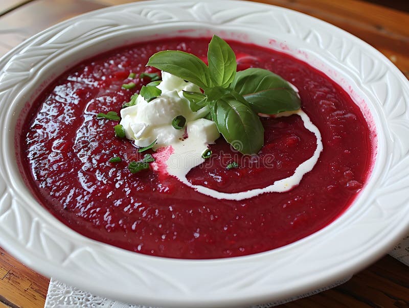 Beet Soup Beetroot Soup Garnished with Sour Cream Stock Illustration ...