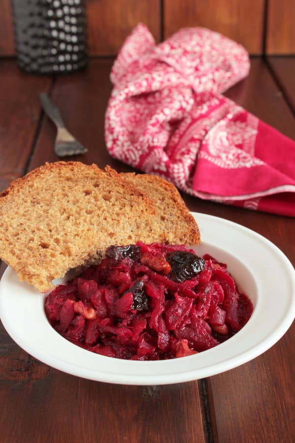 Beet with Walnuts and Prunes, Rye Bread Stock Photo - Image of healthy ...