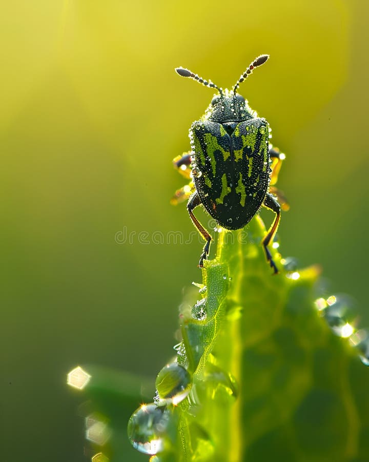 Beetle on Dew Drop at Leaf Tip, Macro Scene Ai Stock Illustration ...