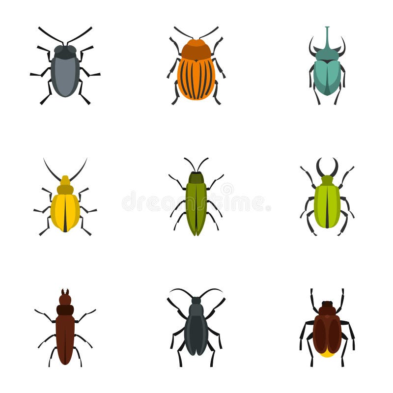 Beetle Icons Set, Flat Style Stock Vector - Illustration of isolated ...