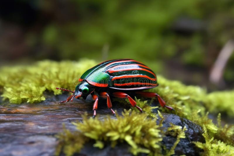 A Beetle with a Vibrant Green Shell on a Mossy Rock Stock Illustration ...