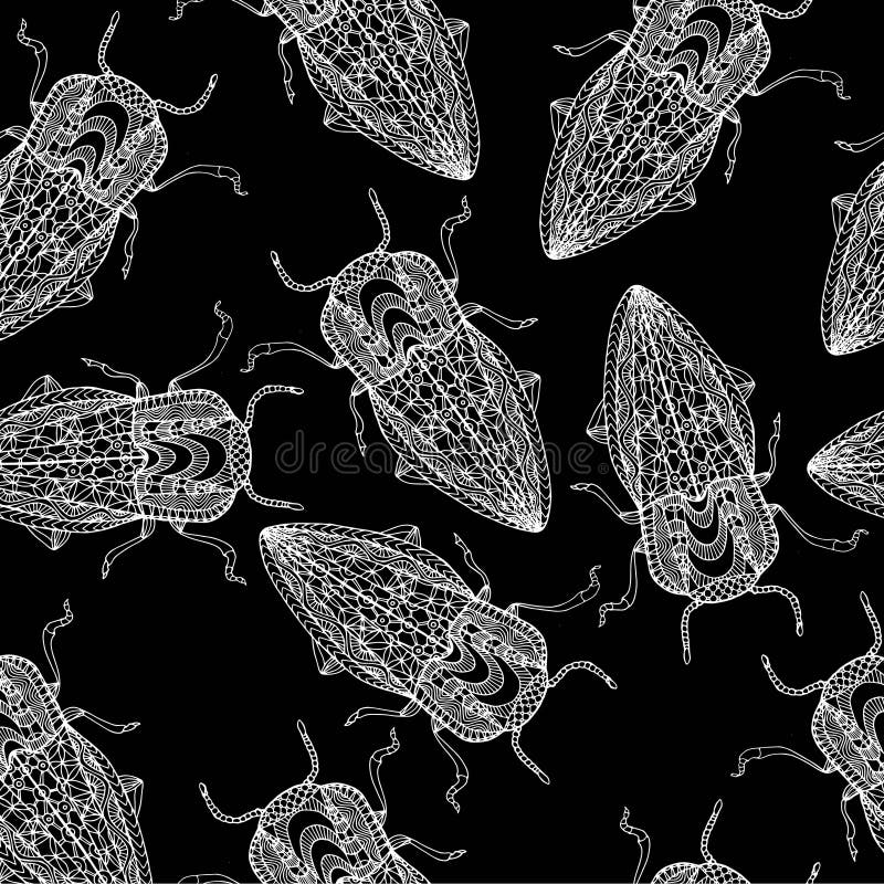 Beetles Doodle Seamless Pattern. Monochrome Art Design Elements Stock ...