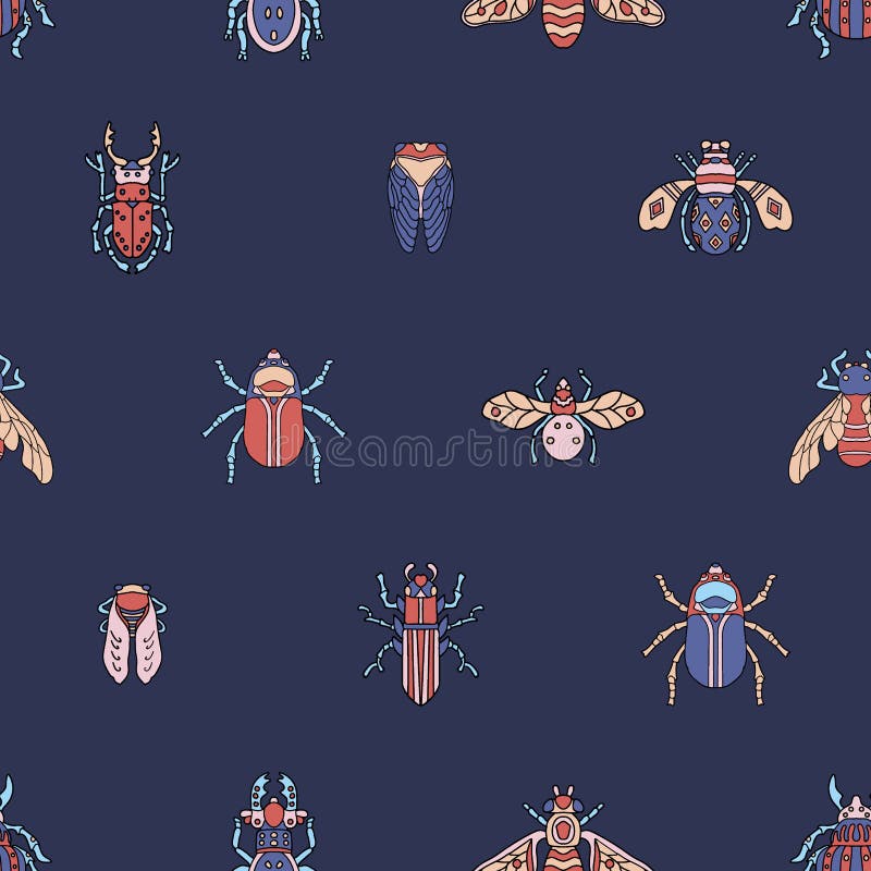 Bee, Beetles, Fly Maryls, Wasp Seamless Pattern Doodling Stock Vector ...