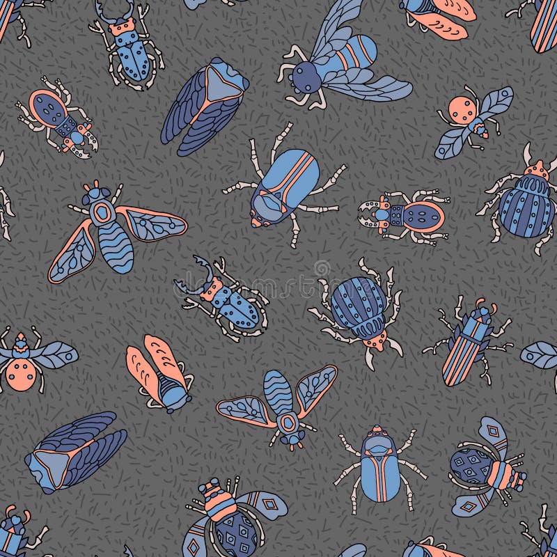 Beetles, Fly Maryls, Insects Seamless Pattern Doodling Stock Vector ...