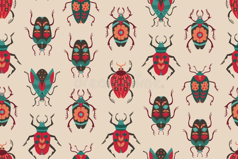 Beetles Seamless Pattern Whimsical Folk Art Insects Fantasy Bugs ...