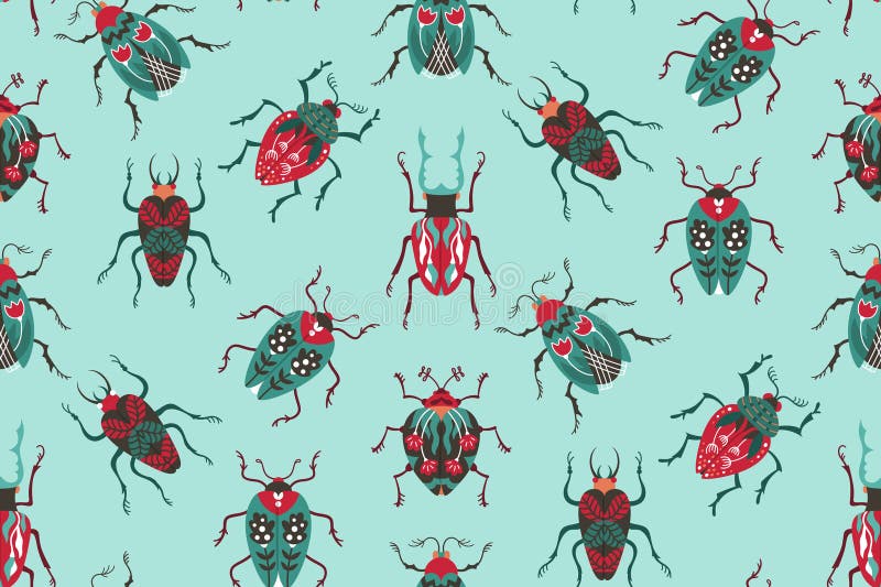 Beetles Seamless Pattern Whimsical Retro Art Insects Fantasy Bugs ...