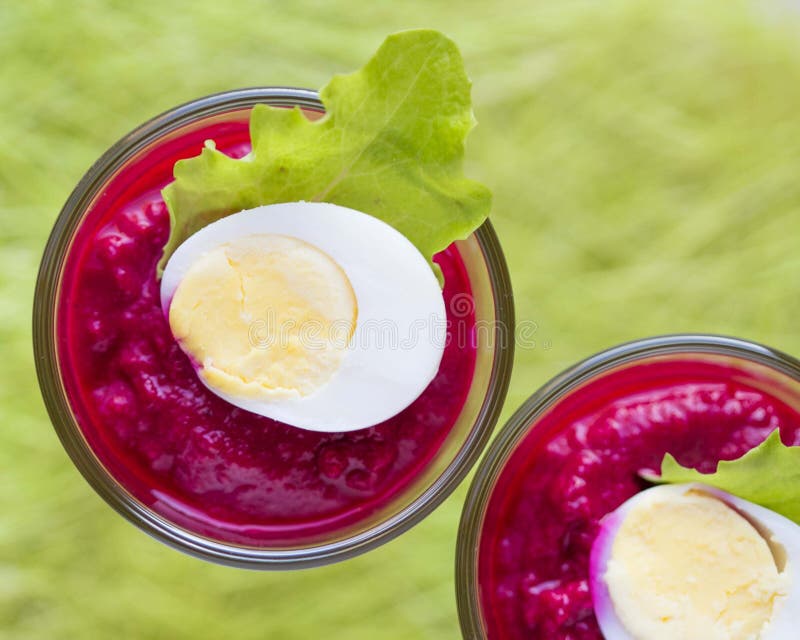 Beetroot, Beet Cream Salad, Mousse with Eggs in Shot Glass Stock Photo ...