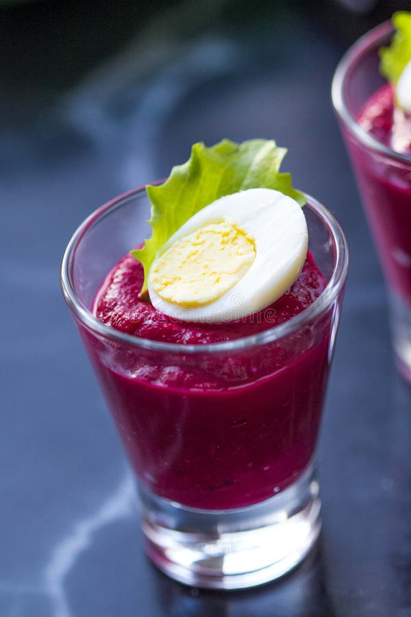 Beetroot, Beet Cream Salad, Mousse with Eggs in Shot Glass Stock Photo ...