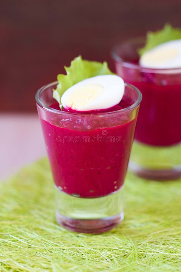 Beetroot, Beet Cream Salad, Mousse with Eggs in Shot Glass Stock Image ...