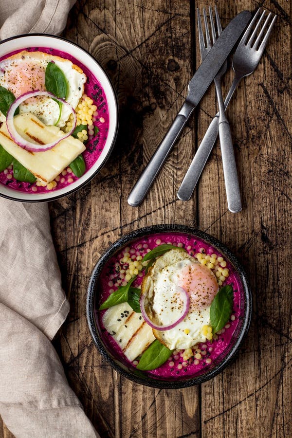 Beetroot Borani and Halloumi Breakfast Bowls Stock Image - Image of ...