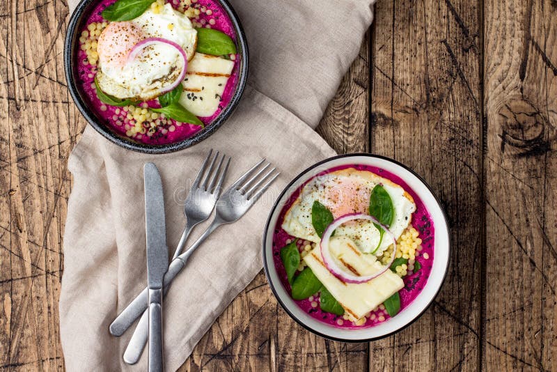 Beetroot Borani and Halloumi Breakfast Bowls Stock Photo - Image of ...