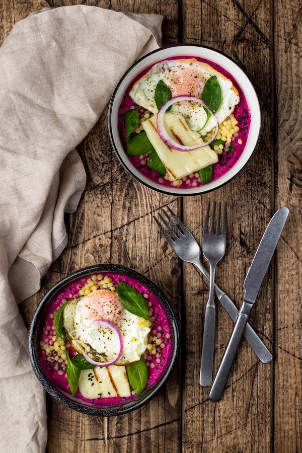 Beetroot Borani and Halloumi Breakfast Bowls Stock Image - Image of ...