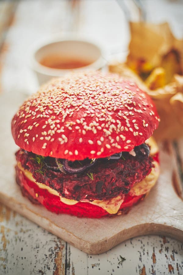 Beetroot Burger on Shabby Table Stock Image - Image of horizontal ...