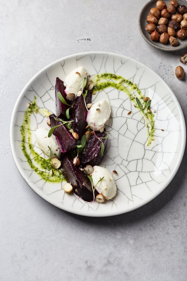 Beetroot and Cream Cheese Salad with Nuts and Pesto Sauce Stock Image ...