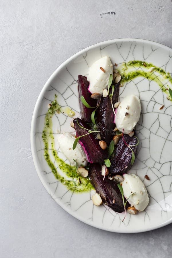 Beetroot and Cream Cheese Salad with Nuts and Pesto Sauce Stock Image ...