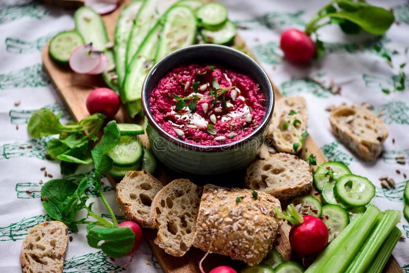 Beetroot Dip with Fresh Vegetables. Top View Stock Image - Image of ...