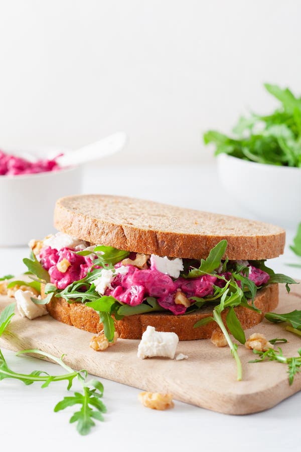 Beetroot and Feta Cheese Sandwich with Walnuts and Rocket Stock Photo ...
