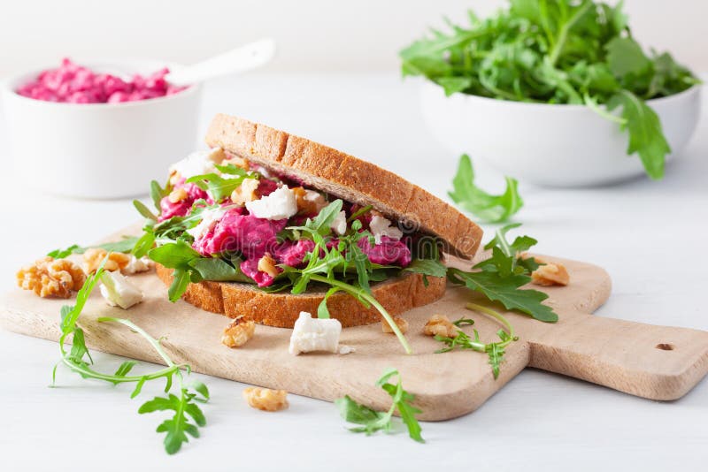 Beetroot and Feta Cheese Sandwich with Walnuts and Rocket Stock Photo ...