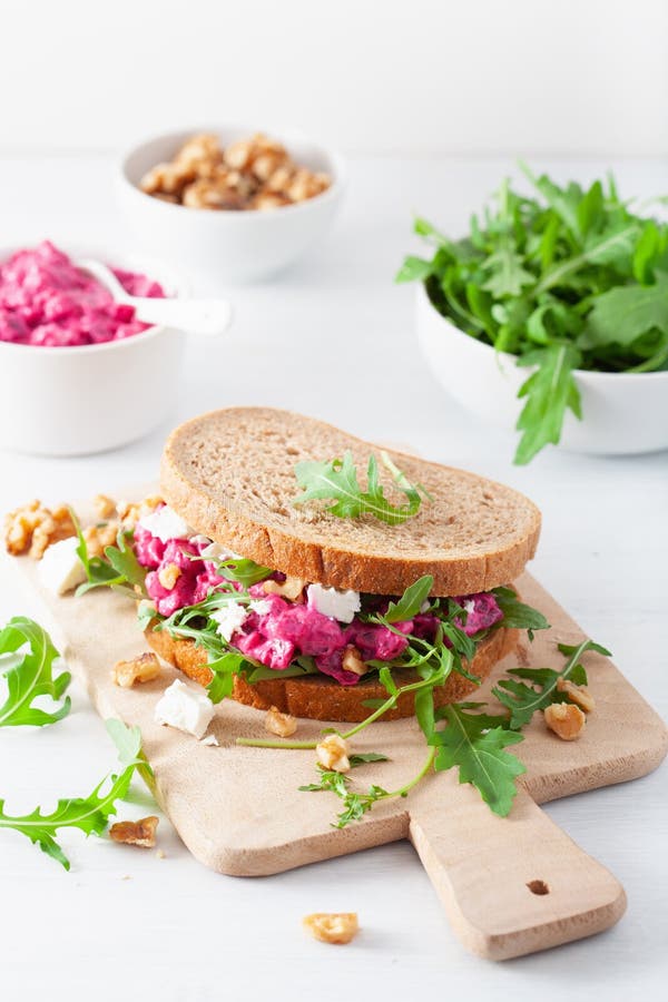 Beetroot and Feta Cheese Sandwich with Walnuts and Rocket Stock Photo ...