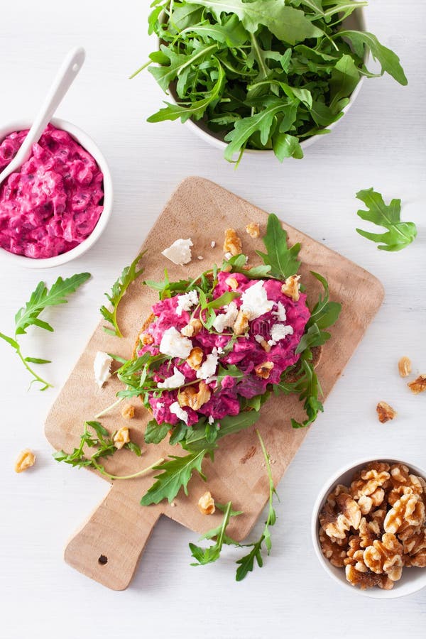 Beetroot and Feta Cheese Sandwich with Walnuts and Rocket Stock Image ...