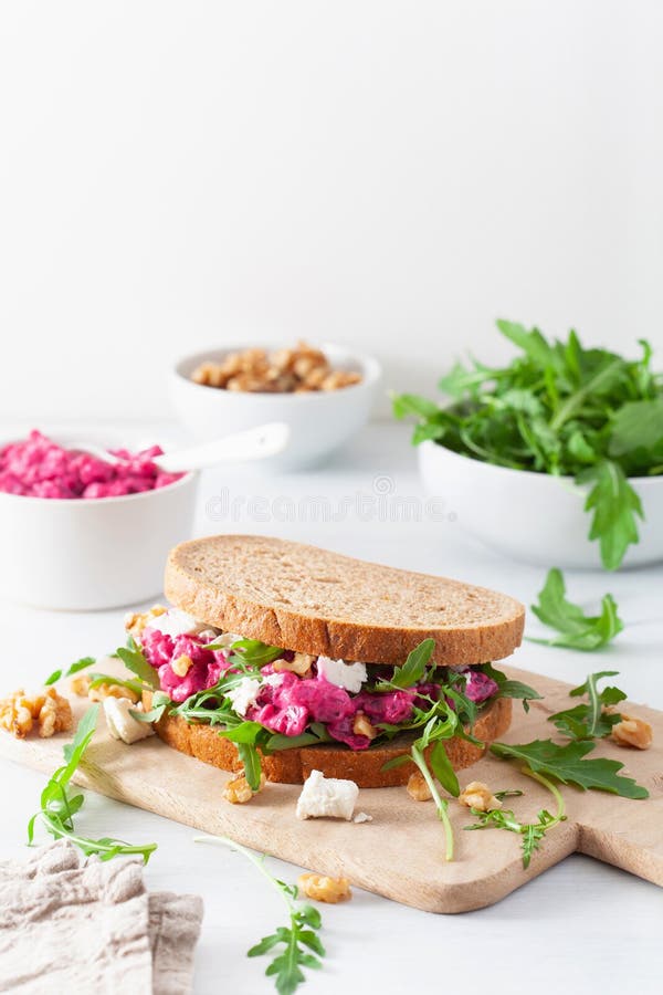 Beetroot and Feta Cheese Sandwich with Walnuts and Rocket Stock Photo ...