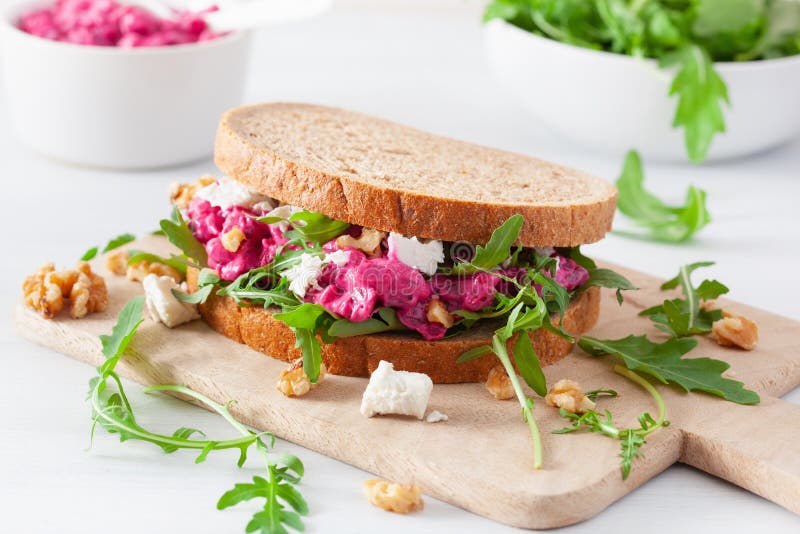 Beetroot and Feta Cheese Sandwich with Walnuts and Rocket Stock Image ...