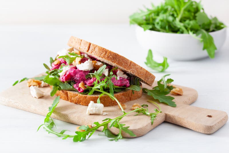 Beetroot and Feta Cheese Sandwich with Walnuts and Rocket Stock Photo ...