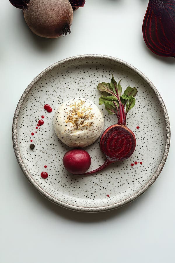Beetroot and Goat Cheese Fine Dining Dish with Gold Flakes Stock ...