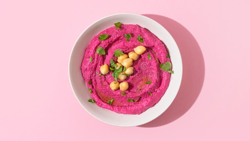 Beetroot Hummus on Pink Background, Top View Stock Image - Image of ...