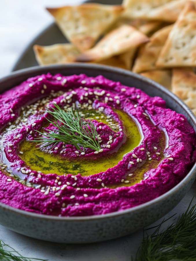 Beetroot Hummus with Pita Bread and Garnish. Stock Photo - Image of ...