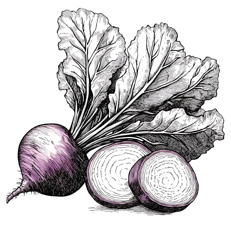 Beetroot Illustration, Whole and Sliced, with Leaves Ink Sketch Stock ...