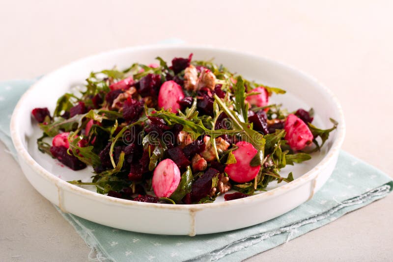 Beetroot, Mozzarella, Rocket and Walnut Salad Stock Photo - Image of ...