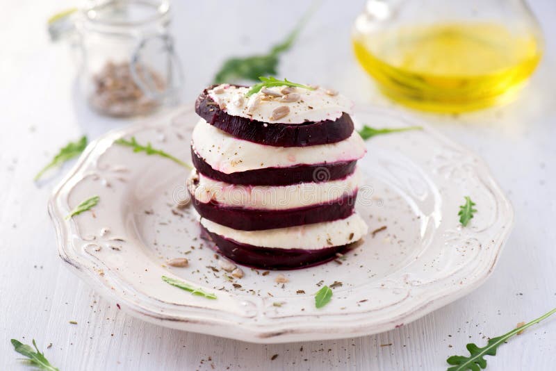 Beetroot and Mozzarella Salad, Arugula Stock Photo - Image of menu ...